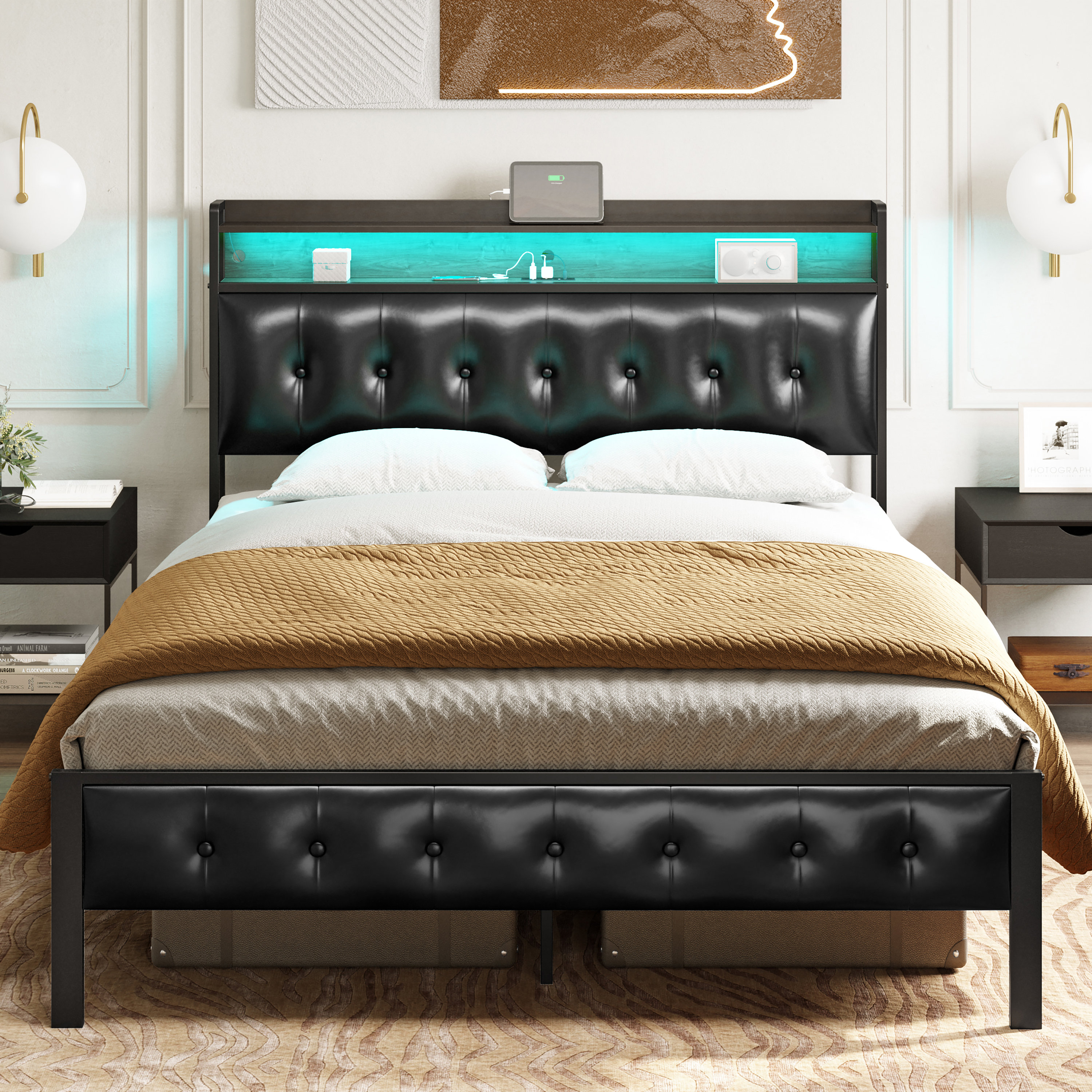 17 Stories Antioch Bed Frame with USB Ports and LED Lights Upholstered Bed with Storage Shelves PU Leather Beds Reviews Wayfair Canada